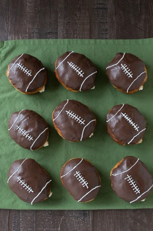 Cream Filled Chocolate Football Donuts